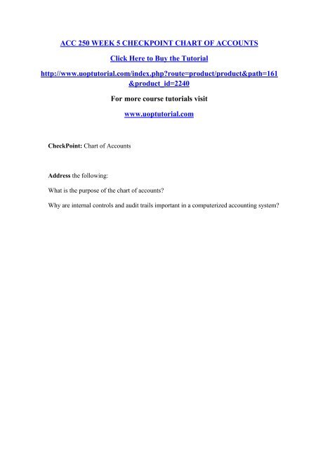 ACC 250 WEEK 5 CHECKPOINT CHART OF ACCOUNTS/Uoptutorial