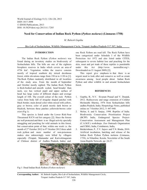 Need for Conservation of Indian Rock Python (Python molurus) (Linnaeus 1758)