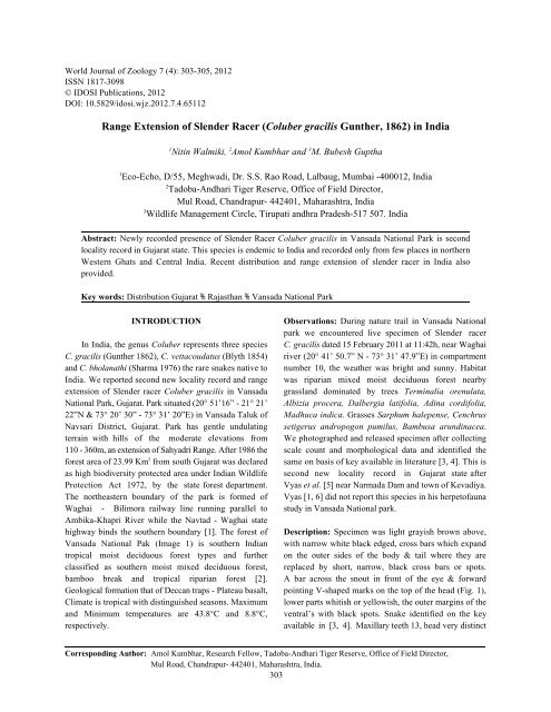 Range Extension of Slender Racer (Coluber gracilis Gunther, 1862) in India