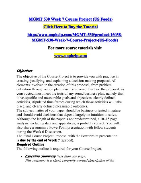 MGMT 530 Week 7 Course Project (US Foods)