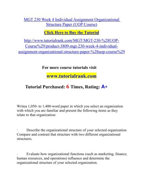 MGT 230 Week 4 Individual Assignment Organizational Structure Paper ...