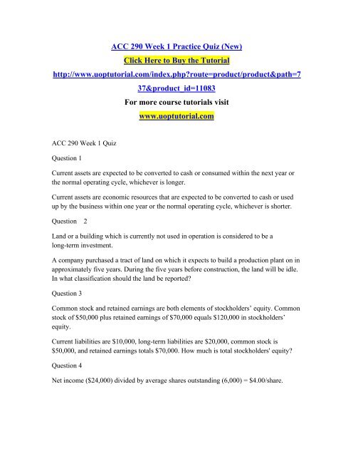 ACC 290 Week 1 Practice Quiz (New)/Uoptutorial ACC 290 Week 1 Practice Quiz (New)/Uoptutorial