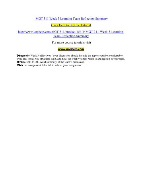 MGT 311 Week 3 Learning Team Reflection Summary
