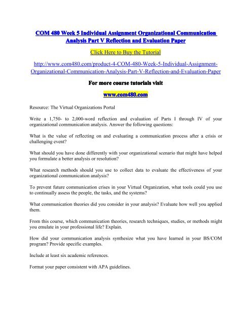 COM 480 Week 5 Individual Assignment Organizational Communication ...