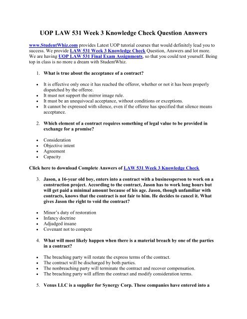 UOP LAW 531 Week 3 Knowledge Check Question Answers