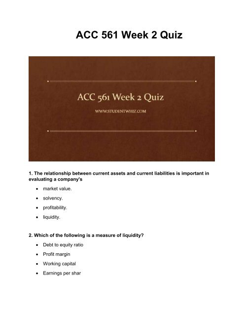 ACC 561 Week 2 Quiz UOP Complete Course Tutorial ACC 561 Week 2 Quiz UOP Complete Course Tutorial