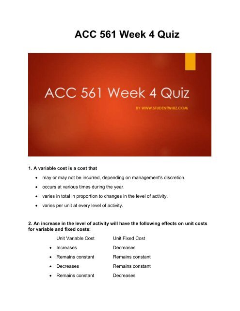 ACC 561 Week 4 Quiz UOP Complete Course Tutorial ACC 561 Week 4 Quiz UOP Complete Course Tutorial