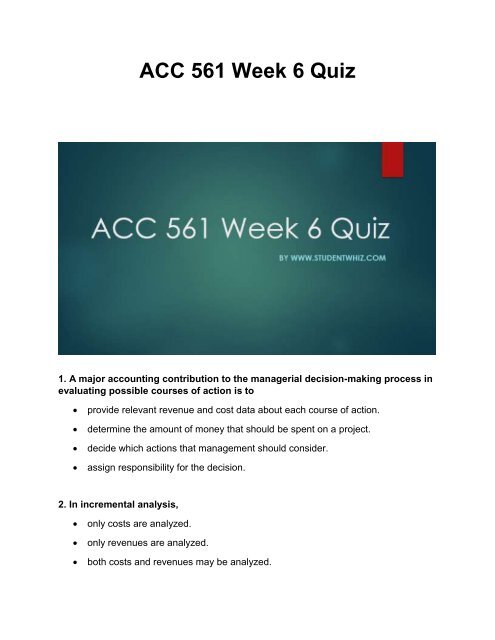 ACC 561 Week 6 Quiz UOP Complete Course Tutorial ACC 561 Week 6 Quiz UOP Complete Course Tutorial