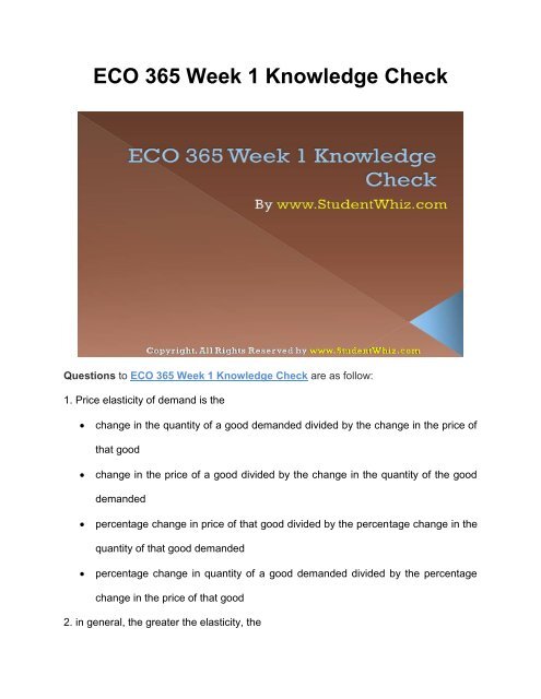 ECO 365 Week 1 Knowledge Check UOP Tutorial