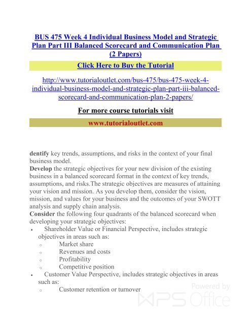 BUS 475 Week 4 Individual Business Model and Strategic Plan Part III ...