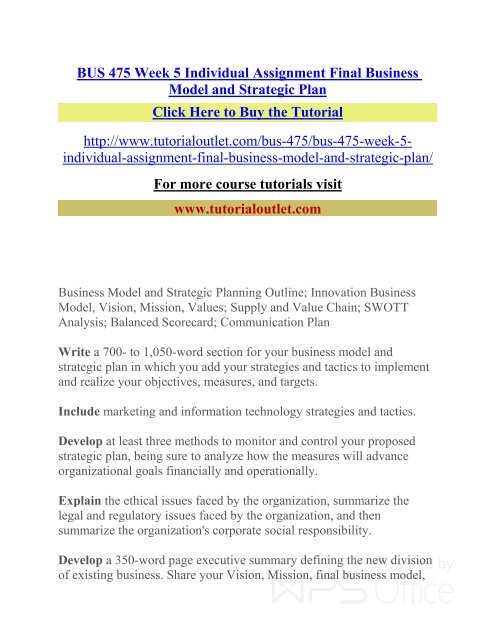 BUS 475 Week 5 Individual Assignment Final Business Model and Strategic ...