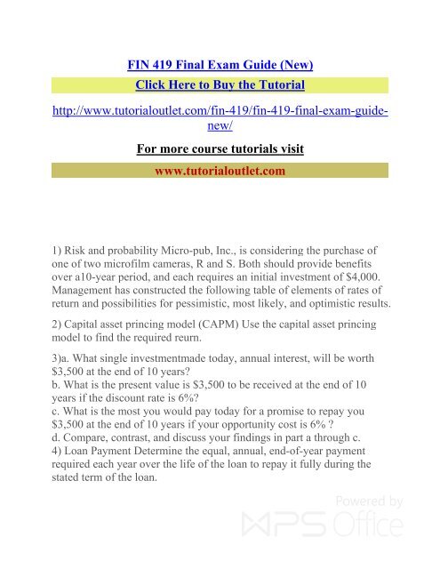 FIN 419 Final Exam Guide (New) /Tutorialoutlet