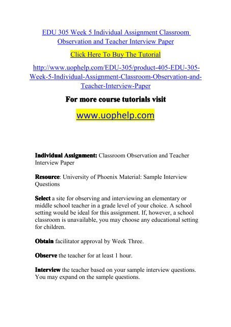 EDU 305 Week 5 Individual Assignment Classroom Observation and Teacher ...