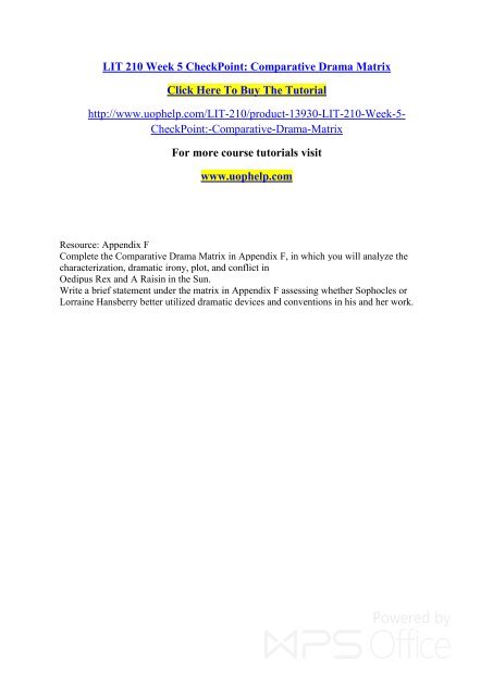 LIT 210 Week 5 CheckPoint Comparative Drama Matrix/uophelp