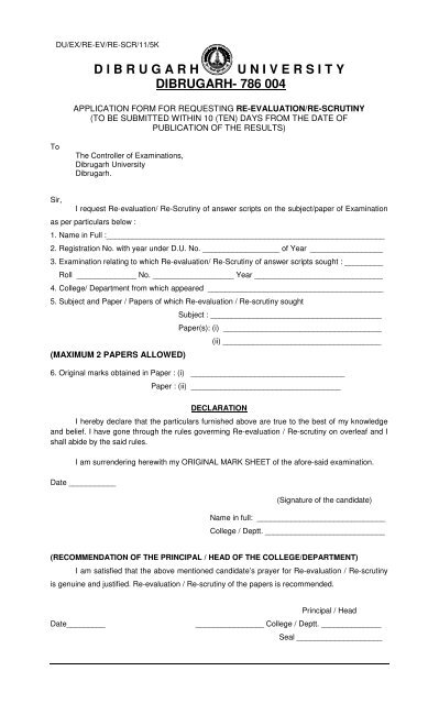 Application form for Requesting Re-Evaluation/Re-Scrutiny
