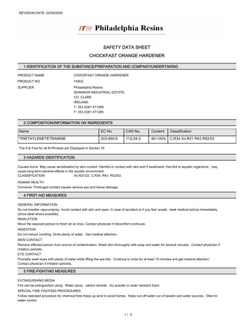 SAFETY DATA SHEET CHOCKFAST ORANGE HARDENER