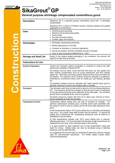 SikaGrout GP Data Sheet - Waterproofing Warehouse