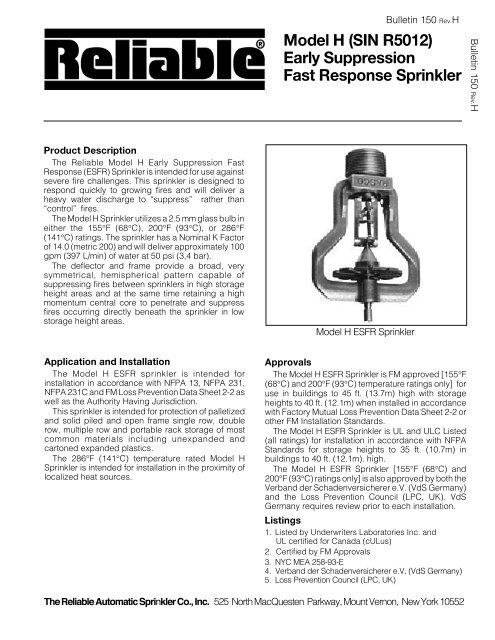 Model H (SIN R5012) Early Suppression Fast Response ... - Firequip