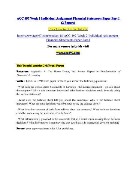 ACC 497 Week 2 Individual Assignment Financial Statements Paper Part I ...