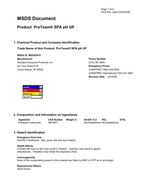 pH Up MSDS - ProTeam Pool Care