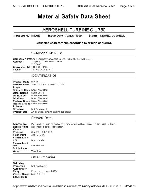 msds aeroshell oil 750 - ChemCenters