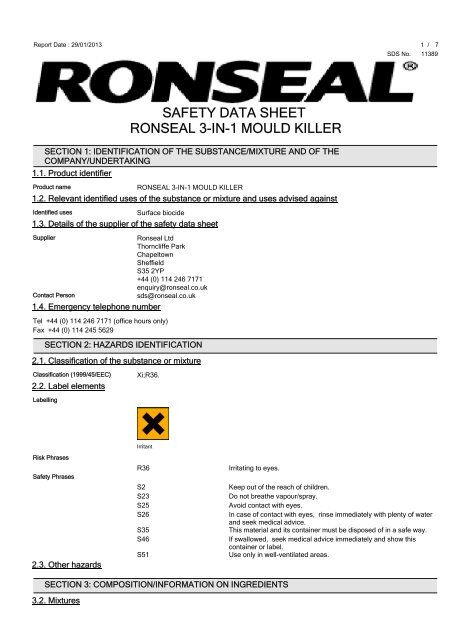 SAFETY DATA SHEET RONSEAL 3-IN-1 MOULD KILLER - Toolbank