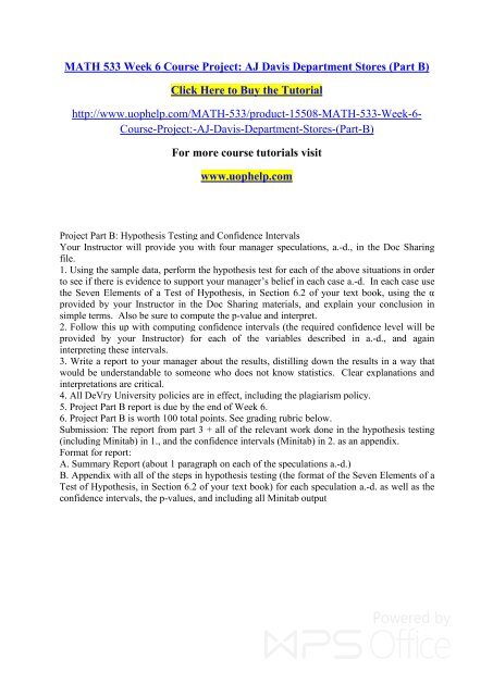 MATH 533 Week 6 Course Project AJ Davis Department Stores (Part B)/UOPHELP