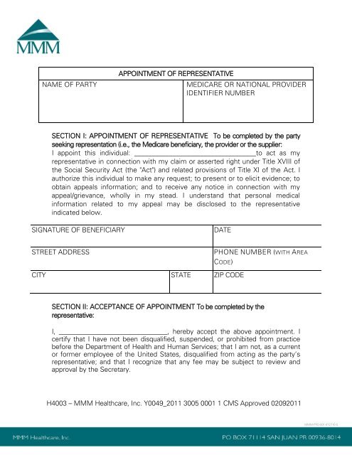 Appointment Representative Form - MMM