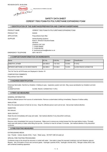 safety data sheet ceresit 750g foam-fix polyurethane ... - Toolbank