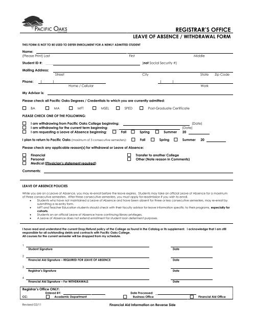 Leave of Absence/Withdrawal Form - Pacific Oaks College