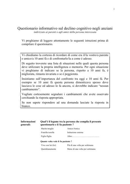 Questionario informativo sul declino cognitivo negli anziani