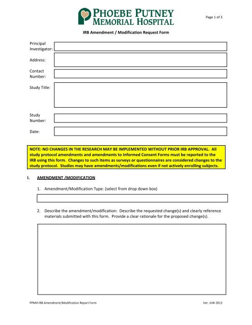 IRB Amendment / Modification Request Form Principal Investigator ...