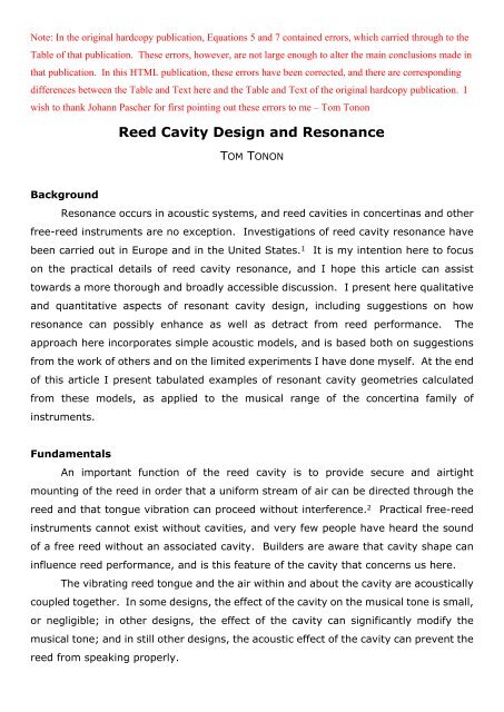 Reed Cavity Design and Resonance - International Concertina ...