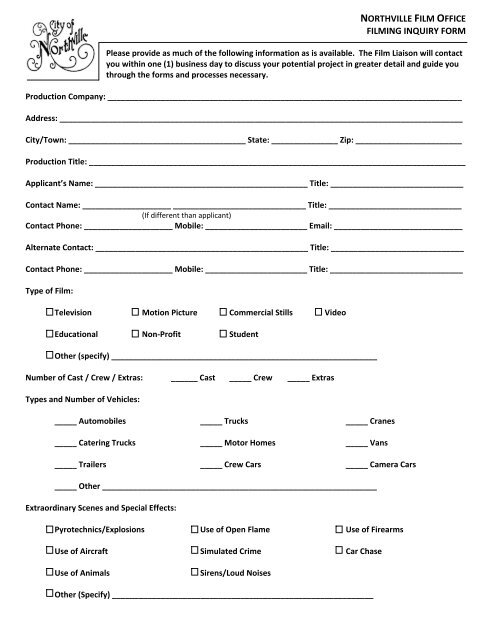 NORTHVILLE FILM OFFICE FILMING INQUIRY FORM - Downtown ...