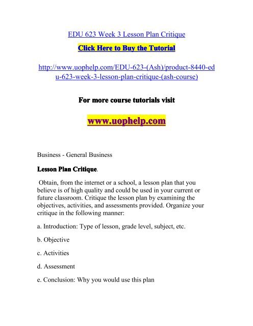EDU 623 Week 3 Lesson Plan Critique/UOPHELP