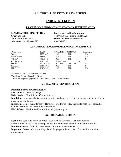 material safety data sheet industro kleen - Chem and Lube.