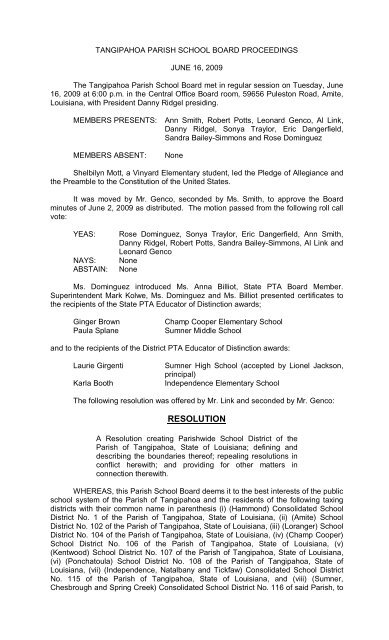 TANGIPAHOA PARISH SCHOOL BOARD PROCEEDINGS
