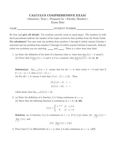 CALCULUS COMPREHENSIVE EXAM , Prepared ...