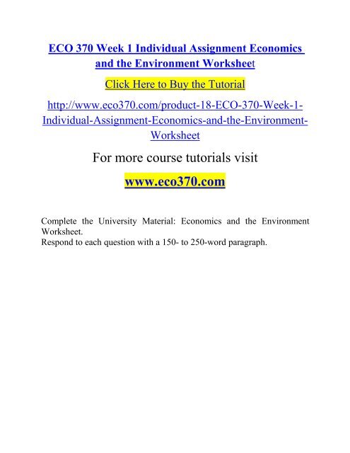 ECO 370 Week 1 Individual Assignment Economics and the Environment ...