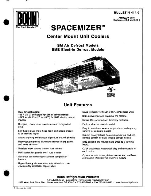 SPACEMIZER Center Mount Unit Coolers SM Air Defrost ... - Bohn