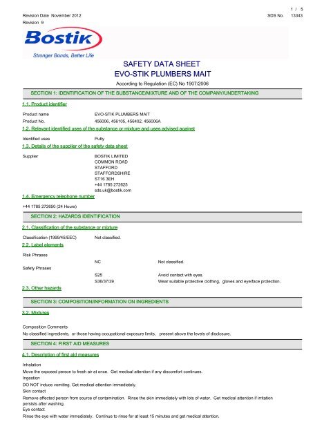 SAFETY DATA SHEET EVO-STIK PLUMBERS MAIT - Toolbank