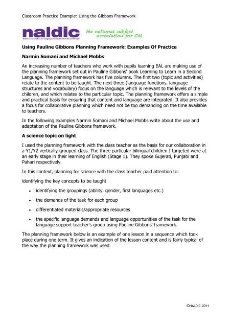 Classroom Practice Example Using the Gibbons Framework - NALDIC