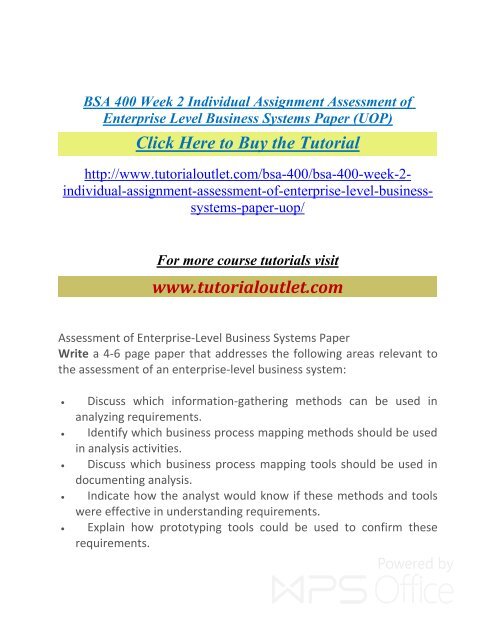 BSA 400 Week 2 Individual Assignment Assessment of Enterprise Level ...