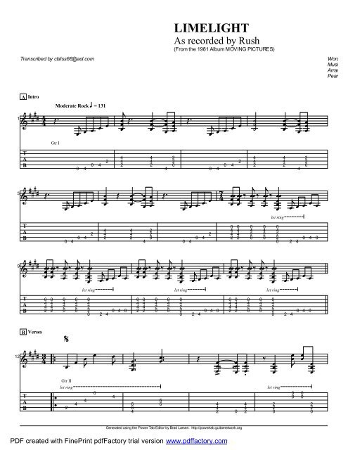 Complete Transcription To "Limelight" (PDF) - Guitar Alliance