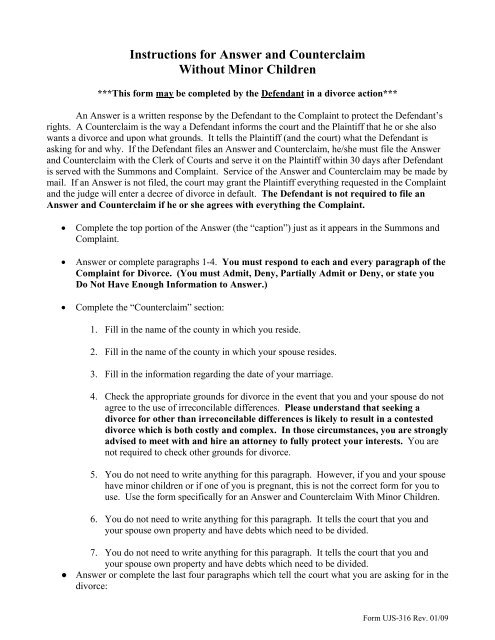 Instructions for Answer and Counterclaim Without Minor Children