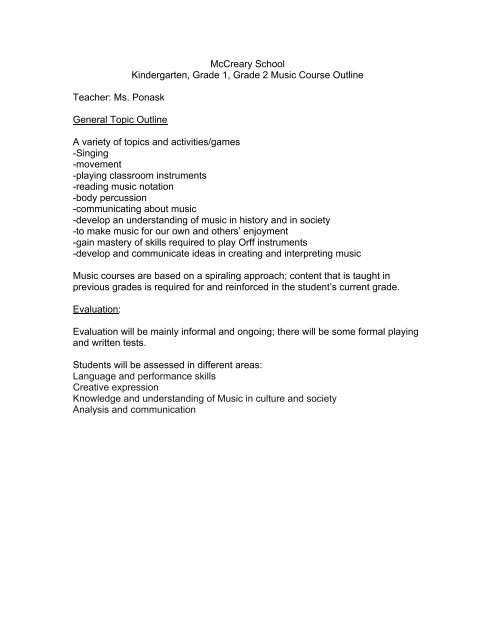 McCreary School Kindergarten, Grade 1, Grade 2 Music Course ...