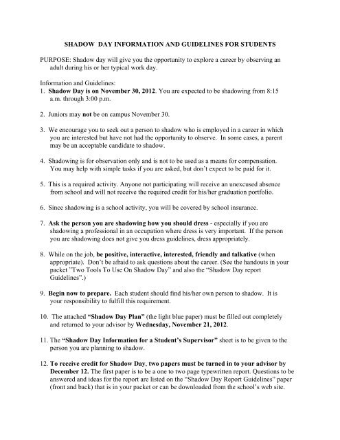SHADOW DAY INFORMATION AND GUIDELINES FOR STUDENTS ...