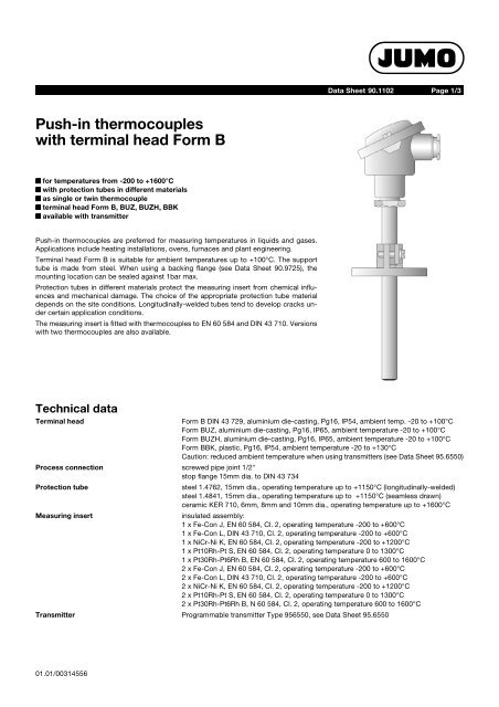 Push-in thermocouples with terminal head Form B