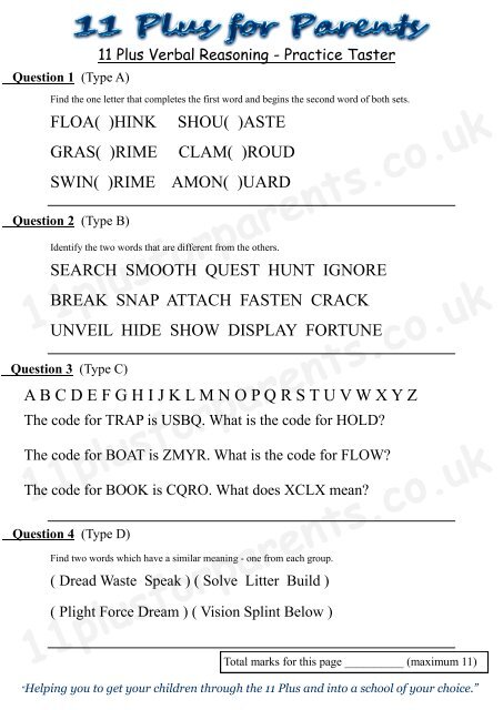 Free 11 Plus Verbal Reasoning Practice Paper - Guide for the 11 Plus