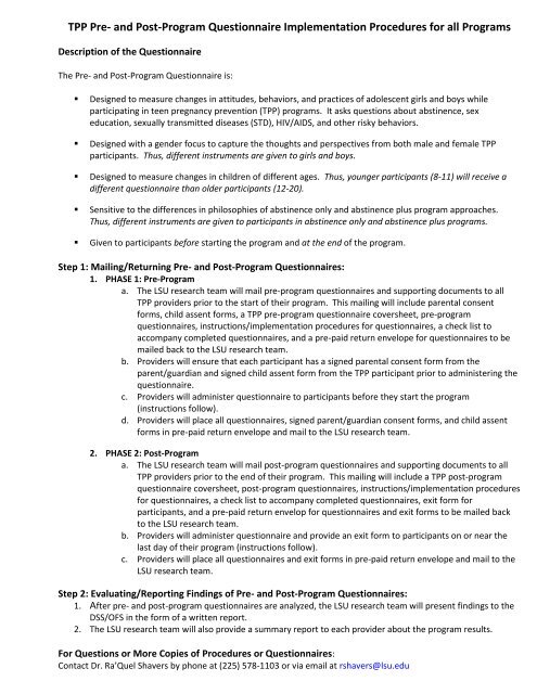 TPP Pre- and Post-Program Questionnaire Implementation ...